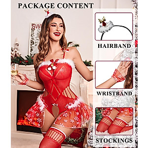 Womens Christmas Lingerie Teddy Lingerie Bodysuit V Neck Lace Bodysuit with Bell