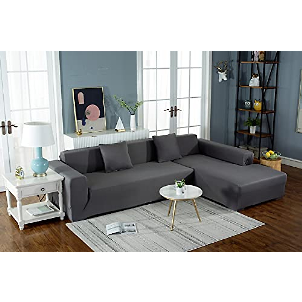 OQOPO 2/3/4 Seater Stretch Sectional Sofa Cover L Shaped Sofa Cover,Easy to Use Non-Slip Furniture Protector Sofa Cover for Living Room,2+4 Seater,Blue