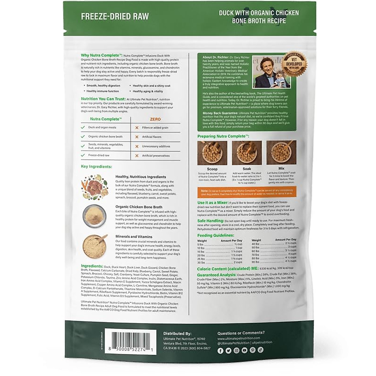 ULTIMATE PET NUTRITION Nutra Complete Bone Broth Infusions, 100% Freeze Dried Veterinarian Formulated Raw Dog Food with Antioxidants Prebiotics and Amino Acids (1 Pound, Bone Broth Duck)