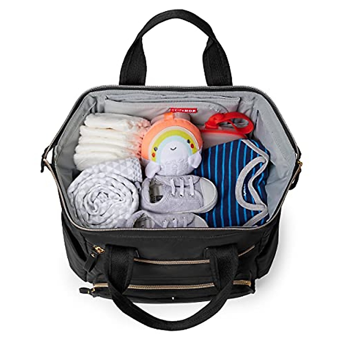 Skip Hop Diaper Bag Backpack: Mainframe Large Capacity Wide Open Structure with Changing Pad & Stroller Attachement, Black with Gold Trim