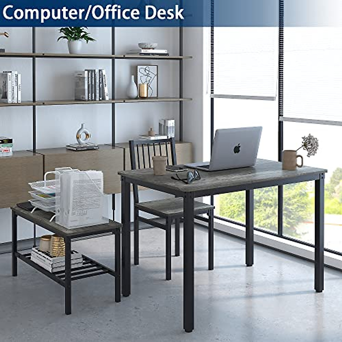 Teraves Dining Table Set for 4/Computer Desk,Kitchen Table with 2 Chairs and a Bench,Table and Chairs Dining Set 4 Piece Set for Dining Room (Black Oak+Black Frame, 110CM)