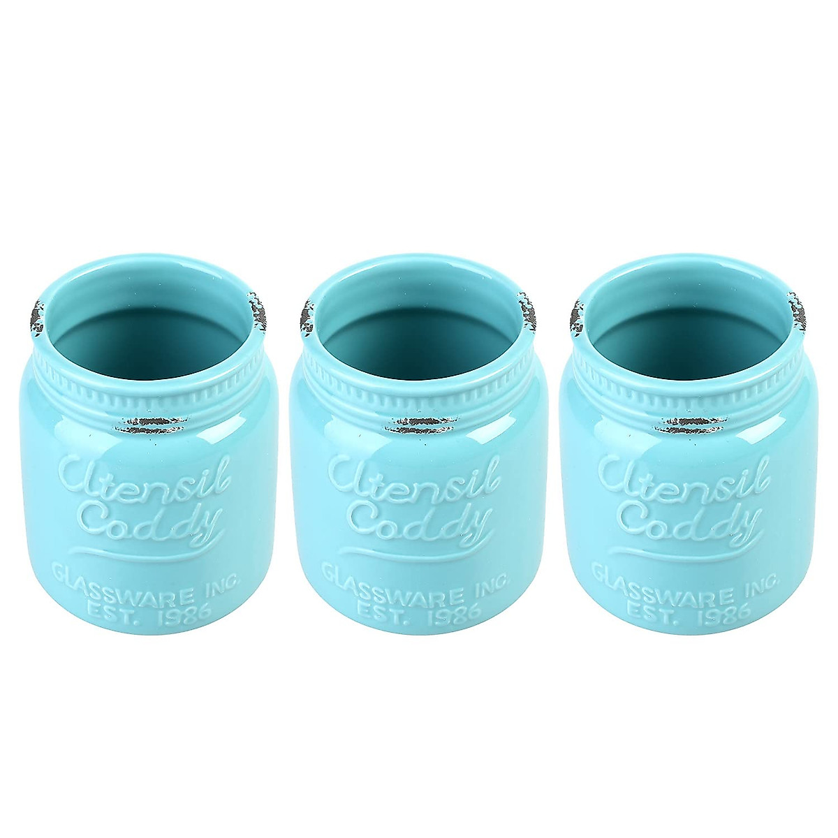 MyGift Aqua Blue Ceramic Mason Jar Flatware Holder Storage Organizer with Decorative Embossed Utensil Caddy Word Design, Farmhouse Kitchen Decor, Set of 3