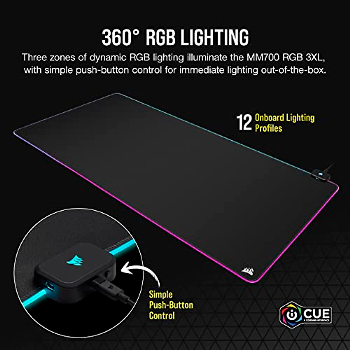 Corsair MM700 RGB Extended 3XL Cloth Gaming Mouse Pad/Desk Mat - Massive 1,220mm x 610mm (48” x 24”) Cloth Surface, 360° Three-Zone RGB Lighting, Two USB Ports - Black