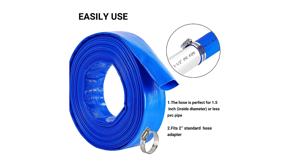 2" x 50 FT Pool Backwash Hose Blue Heavy Duty Reinforced PVC Lay Flat Water Discharge Hose for ...