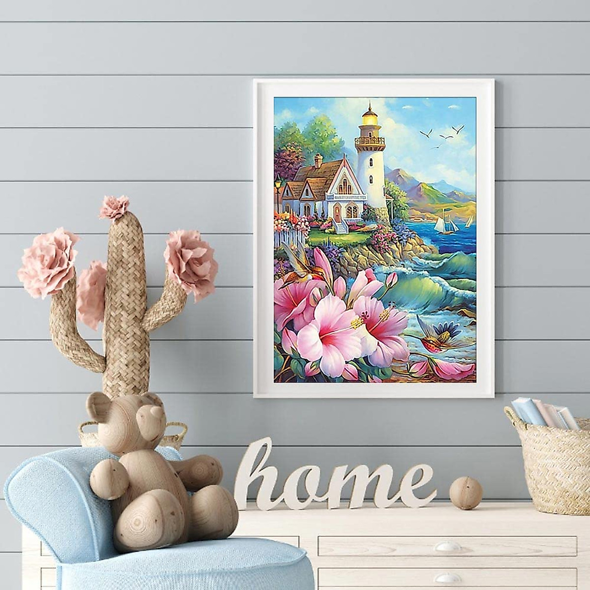 5D Diamond Painting Numbers Kits for Adults,DIY Full Drill Diamond Painting Seaside Lighthouse Round Diamond Art Crystal Craft for Home Wall Decor Gift(12x16inch)
