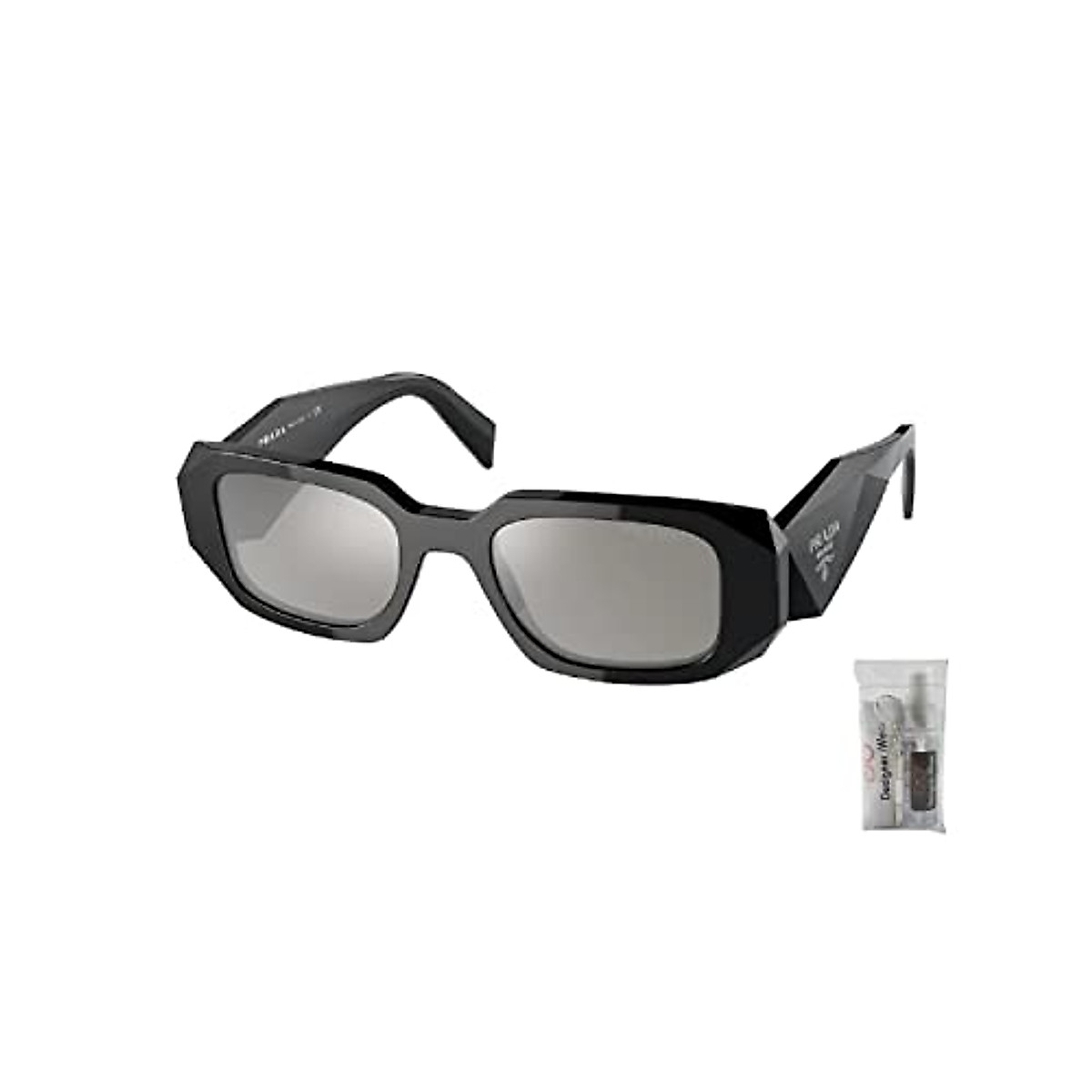 Prada PR17WS 1AB2B0 49MM Black/Light Grey Mirror Silver Rectangle Sunglasses for Women + BUNDLE With Designer iWear Complimentary Eyewear Kit