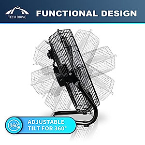 Tech Drive High Velocity Floor Fan,18 inch Heavy Duty Metal Industrial Fans,3 Powerful Speed,360° Adjustable Tilting and All Metal Construction, Black