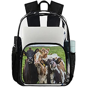 Funny Cows Clear Backpack, Cute Animal Heavy Duty Transparent Backpack Waterproof Bookbag with Adjustable Shoulder Straps for Work Travel School Stadium Security Travel