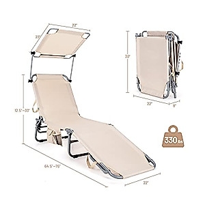 Giantex Outdoor Folding Chaise Lounge, Portable Reclining Chair with 5 Adjustable Positions, 360°Rotatable Canopy Shade, Side Pocket, Patio Lounge Chair for Beach, Lawn Sunbathing Chair (1, Beige)