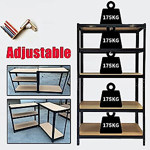 5 Tier Adjustable Boltless Garage Shelving, Heavy Duty Storage Racks Unit, Organizing Metal Shelf for Home Office Workshop Warehouse Household Kitchen, 59" H x 28" W x 12" D, Black, DIY Shelves