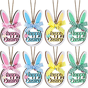 16 Pieces Easter Rabbit Tree Ornament Wooden Hanging Bunny Ornaments with Plaid Bow and Rope Wood Hollowed Out Easter Ornaments Cute Spring Hanging Decorative for Home Garden Decor (Bunny Ears Style)