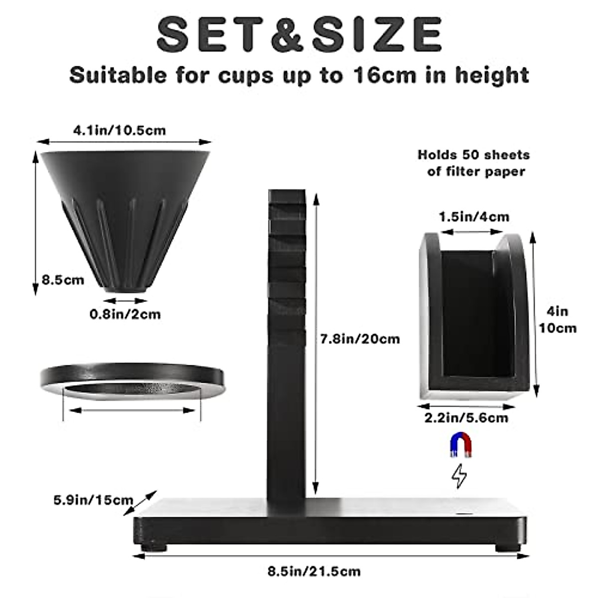 Yangbaga Wood Pour Over Coffee Makers Set Adjustable Height Coffee Dripper Holder Set– Includes Silicone Coffee Dripper&Dripper Stand&Coffee Filter Holder for Home or Office (Black)