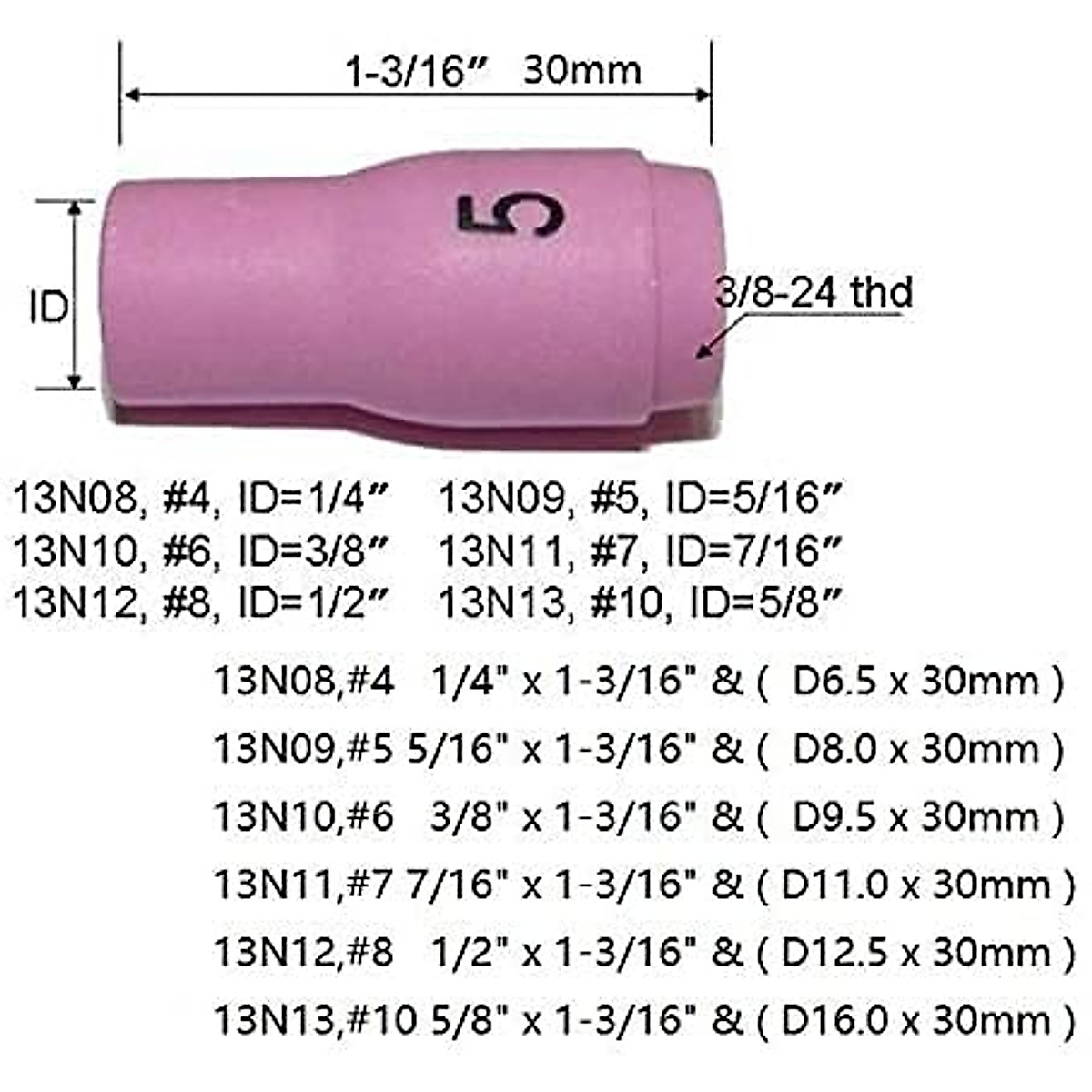 RIVERWELD TIG Alumina Nozzle Ceramic Cups #5 13N09 5/16" Orifice Fit PTA SR DB WP 9 17 18 20 25 26 TIG Welding Torch Accessories 10pk