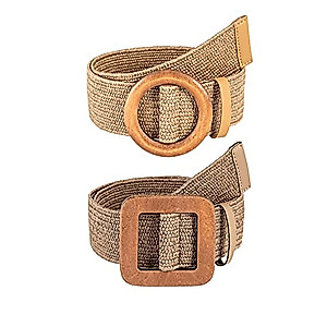 Verdusa Women's 2 Pack Buckle Elastic Straw Belts Boho Waist Belt Brown 100