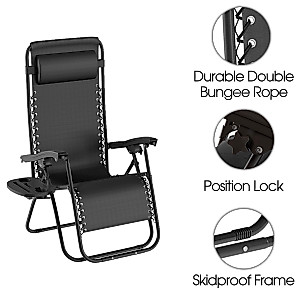 Lavish Home Set of 2 Zero-Gravity Chairs - Folding Patio Furniture - Outdoor Recliners with Side Table, Cup/Phone Holder, and Chair Pillow (Black)