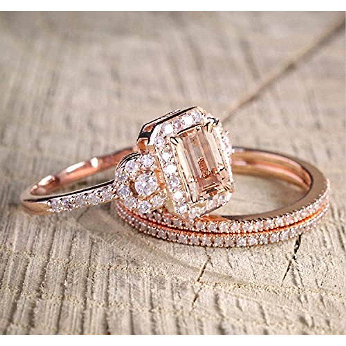 2PCS Gorgeous 18K Rose Gold Plated Morganite Ring Engagement Bridal Women Jewelry Set Morganite White Topaz Ring Set Women Bridal Wedding (6)
