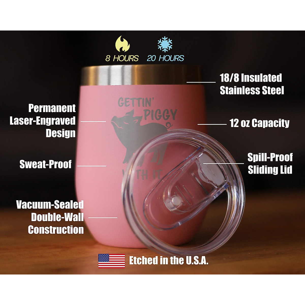 Bevvee Gettin Piggy - Wine Tumbler Glass with Sliding Lid - Stainless Steel Insulated Mug - Cute Pig Decor Gifts - Pink