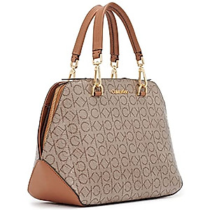 Calvin Klein Lucy Triple Compartment Satchel, Almond/Taupe/Caramel Embossed