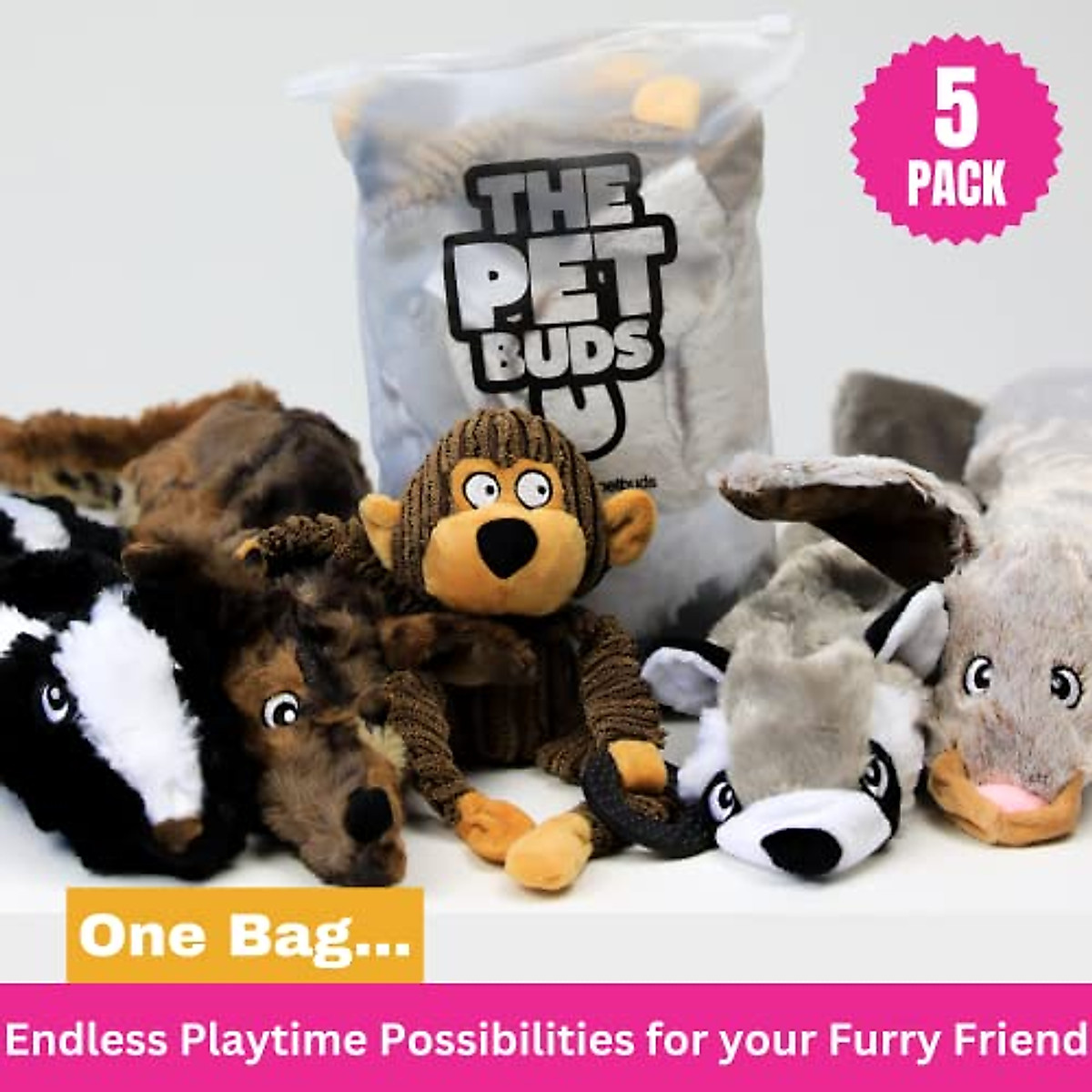 THE PET BUDS No Stuffing Dog Toy Set - 5 Pack Bundle - No Dangerous Stuffing to Chew or Swallow - 2 Squeakers Each - Big Dog Plush Toys for Small, Medium and Large Dogs - Cute Durable Squeaky Dog Toy