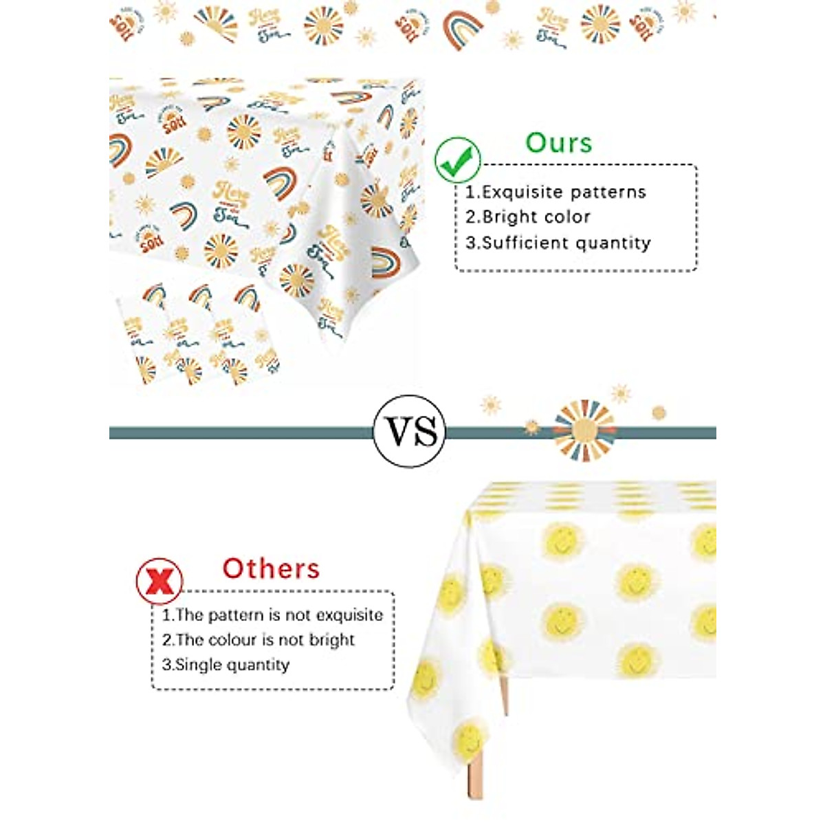 Lopeastar 3 Pieces Here Comes The Son Baby Shower Decorations Tablecloths, Large Size 54 x 108 Inch Rectangular Plastic Boho Sun Party Table Cover, Sunshine Table Cloths for Boys Kids