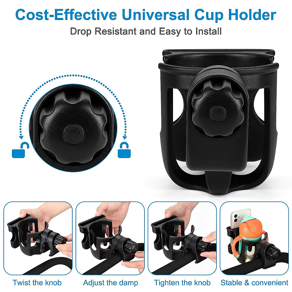Accmor 2-in-1 Stroller Cup Holder, Universal Cup Holder for Uppababy Nuna Doona Strollers, 360° Rotatable Large Caliber Drinks Holder Cup Holder for Stroller, Bike, Wheelchair, Walker, Scooter