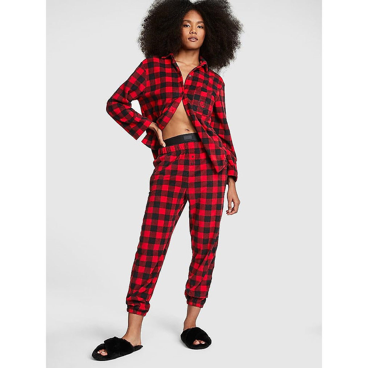 Victoria's Secret PINK Polar Fleece Jogger Pajama Set, PJ Set for Women, 2 Piece Lounge Set PJs, Flannel Pajamas Women, Women's Sleepwear, Red (XL)