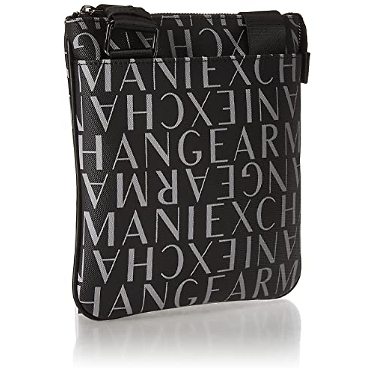 A | X ARMANI EXCHANGE All-Over Logo Eco-Leather Flat Crossbody Bag, Black