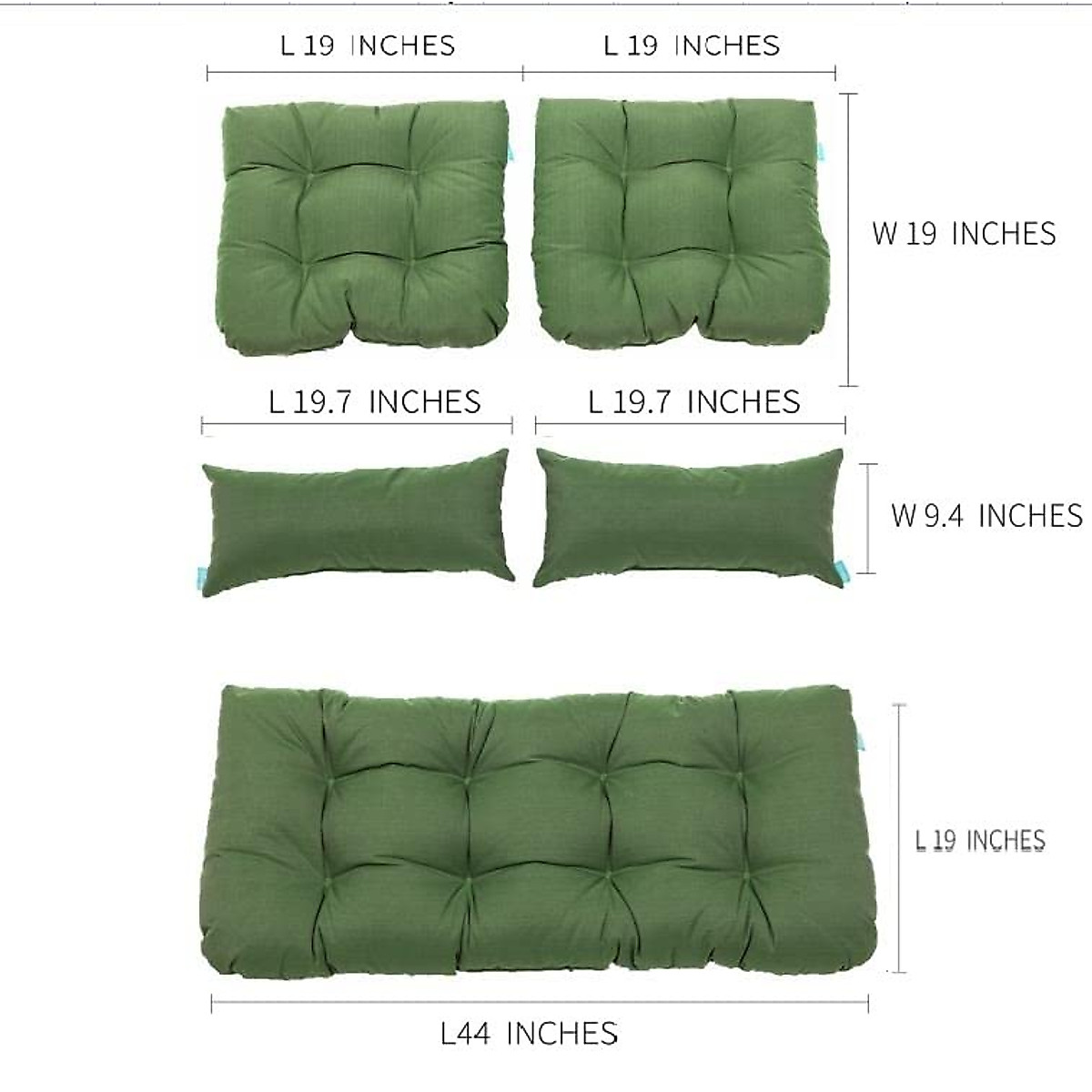 QILLOWAY Outdoor Patio Wicker Seat Cushions Group Loveseat/Two U-Shape/Two Lumbar Pillows for Patio Furniture,Wicker Loveseat,Bench,Porch,Settee of 5 (Dark Green)