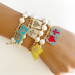 LESLIE BOULES White Gold Scapular Love Bracelet for Women Baroque Pearls Beads