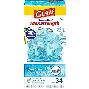 Glad ForceFlex MaxStrength Tall Kitchen Drawstring Trash Bags, 13 Gallon, Beachside Breeze with Febreze Freshness, 34 Count