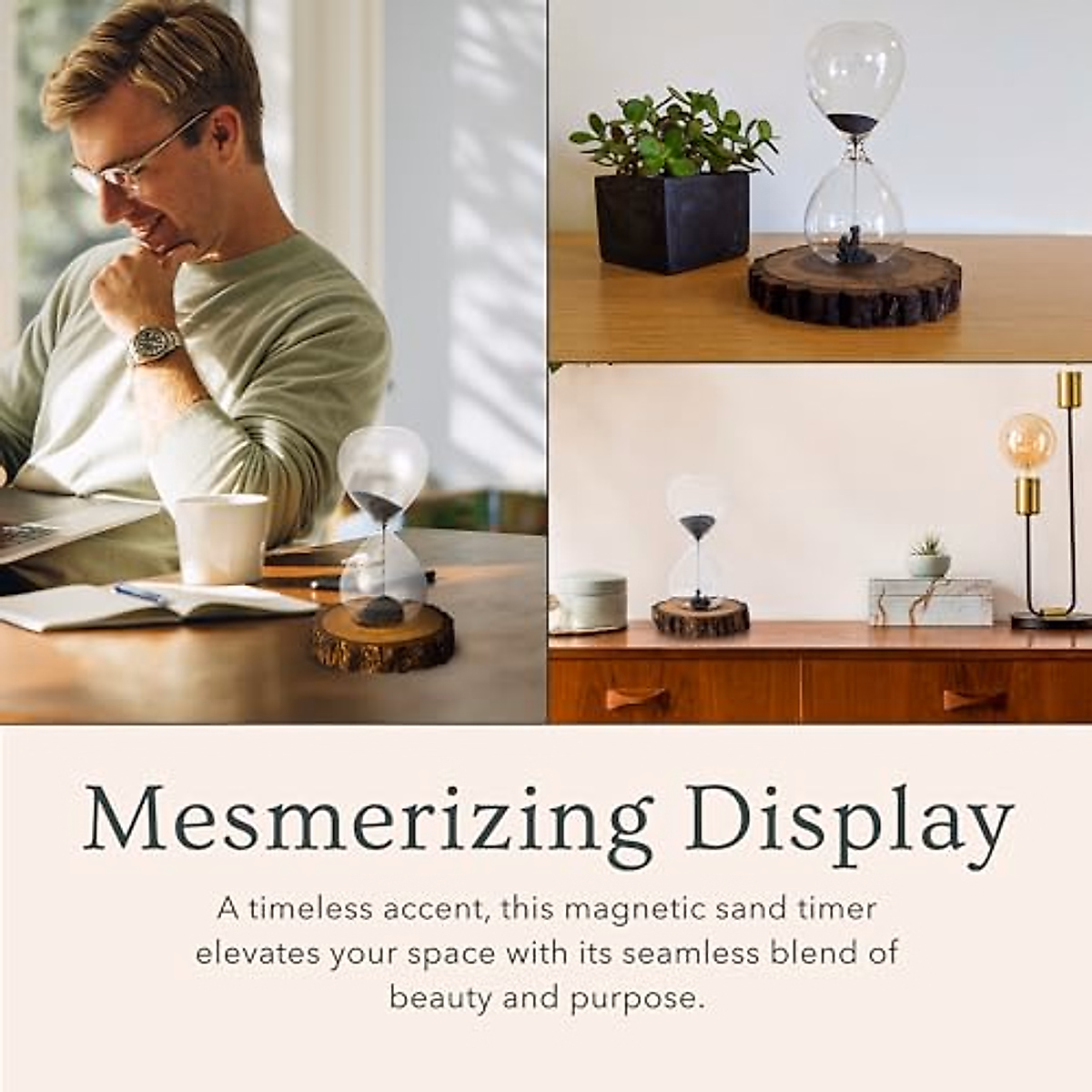 Blackswan Magnetic Hourglass Sand Timer | Natural Live Edge Walnut Wood Magnet Base Hour Glass with Iron Dust Shavings | 1 Minute Functional Fun Retro Clock Watch for Office, Home Decor | 4" x 6.5"