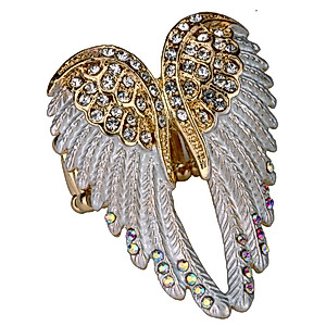 YACQ Women's Angel Wings Stretch Rings Fit Finger Size 7 to 9 - Elastic Soft Band Perfect for Arthritis - Lead & Nickle Free - Silk Scarf Holders - (1-1/2 H x 1-1/5 W) Inches (Gold)