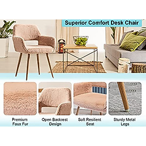 Desk Chair Faux Fur Desk Chair No Wheels Dining Chairs - Fluffy Desk Chair Upholstered Desk Chair Modern Dining Room Chairs, Furry Desk Chair Accent Chair for Bedroom, Armrest Desk Chair for Living
