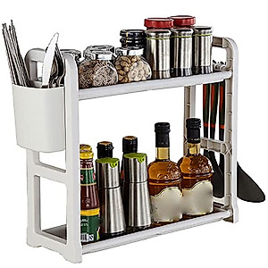 FIZZOQI 2 Layer Kitchen Spices Bottle Organizer Rack Multi-Functional Organizer Shelf Home Durable Storage Shelf Eco-Friendly Stand White Utility Rack Floor Storage Rack