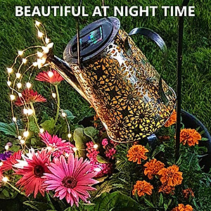 Solar Watering Can Decor Lights, Hanging Garden Ornament Lighting Your Garden, Flower Pattern Metal Lantern Weatherproof Yard Art Ideal Mother's Day, Birthdays, Christmas, Pathway Lights, Bronze