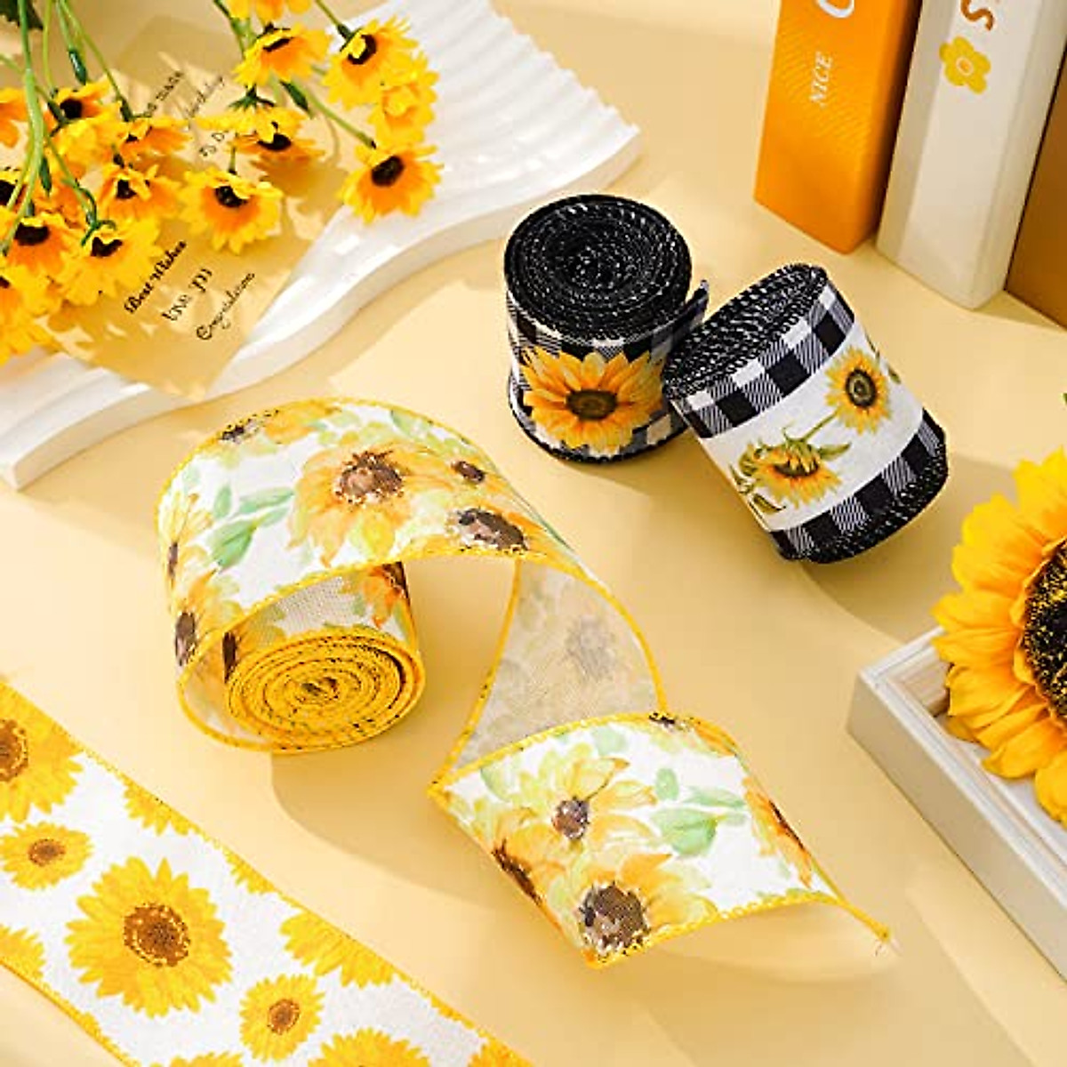 Whaline 36 Yard Sunflower Wired Edge Ribbon 6 Roll 2.5 Inch Buffalo Plaids Flower Fabric Ribbon Spring Summer Floral Decorative Craft Ribbon for Gift Wrapping Decor Hair Bow Sewing Wreath Crafts