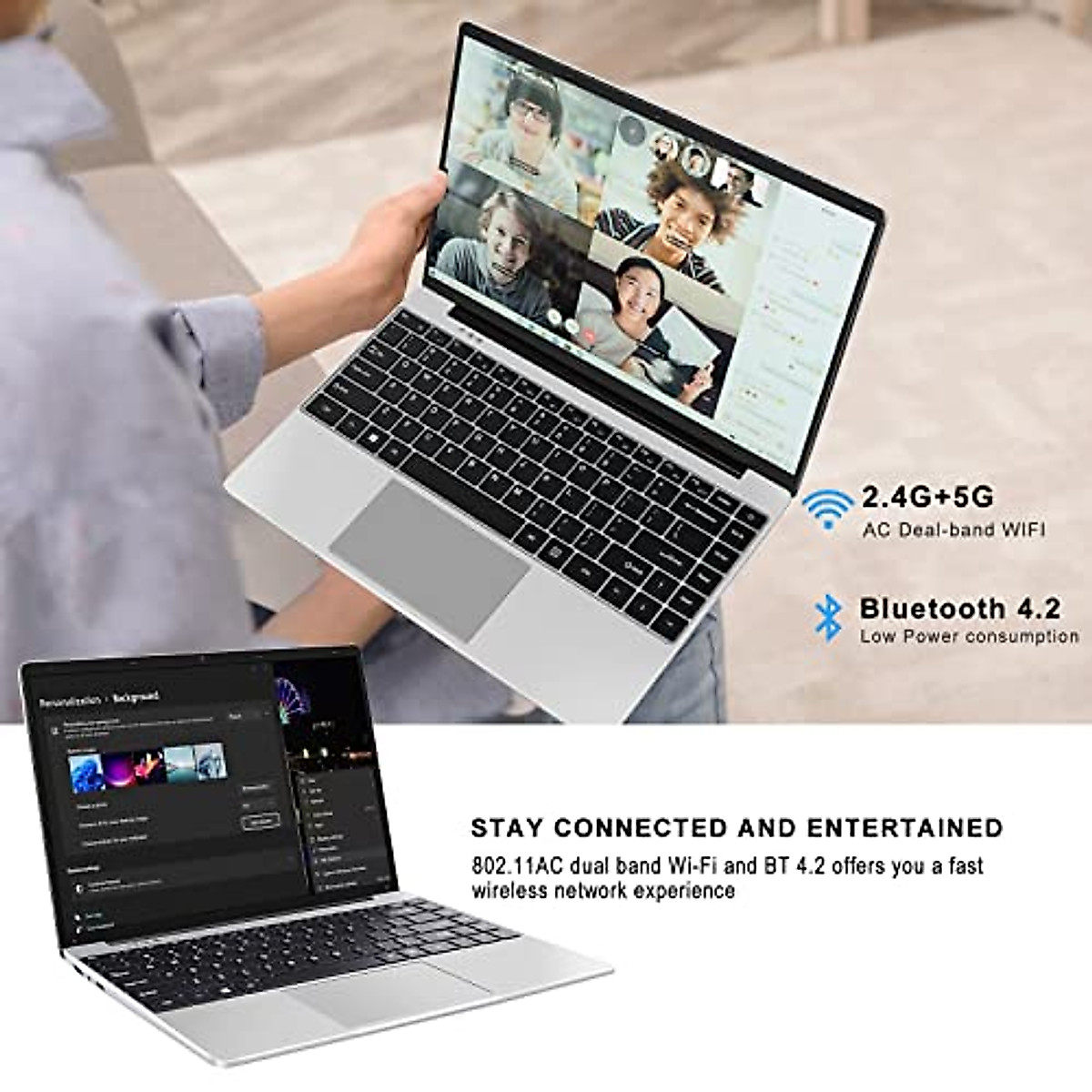 Ruzava 14" Laptop 6GB RAM 64GB Storage Support 1TB SSD Expansion Traditional Laptops Win 10 2.4G+5G WiFi Bluetooth 4.2 USB HDMI 1920x1080 FHD WOZIFAN with Wireless Mouse for Work Study -Silver