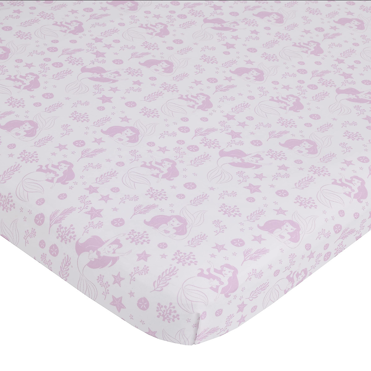 Disney The Little Mermaid Ariel Cute by Nature White & Pink Star Fish & Coral Reef 3Piece Nursery Mini Crib Bedding Set - Comforter & Two Fitted Mini Crib Sheets, Pink, Aqua, Lavender, White