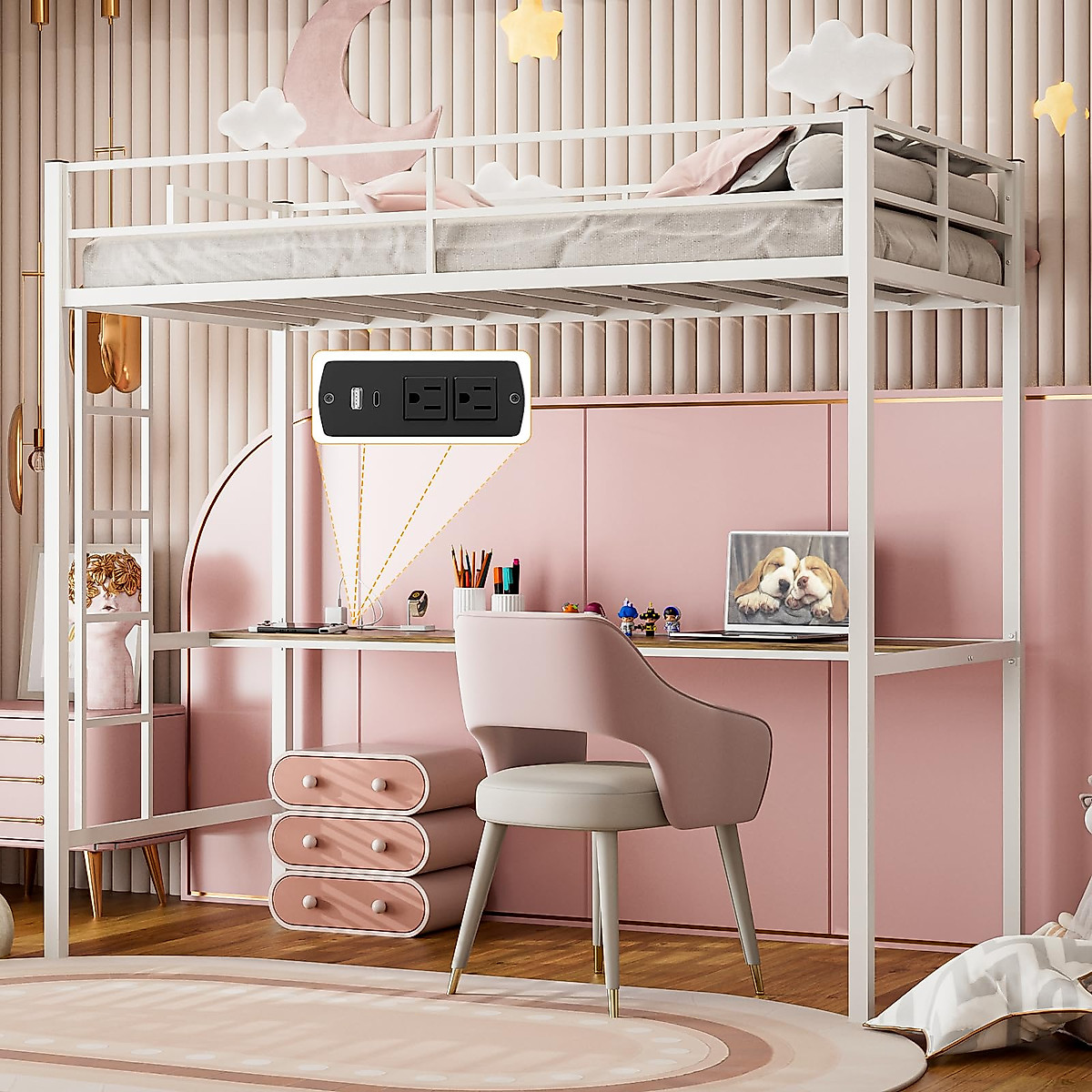 IKIFLY Metal Twin Size Loft Bed with Desk & Charging Station, Heavy Duty Loft Bed Frame with Safety Guard Rail and Ladder, Space-Saving Design, Noise Free, No Box Spring Needed - White