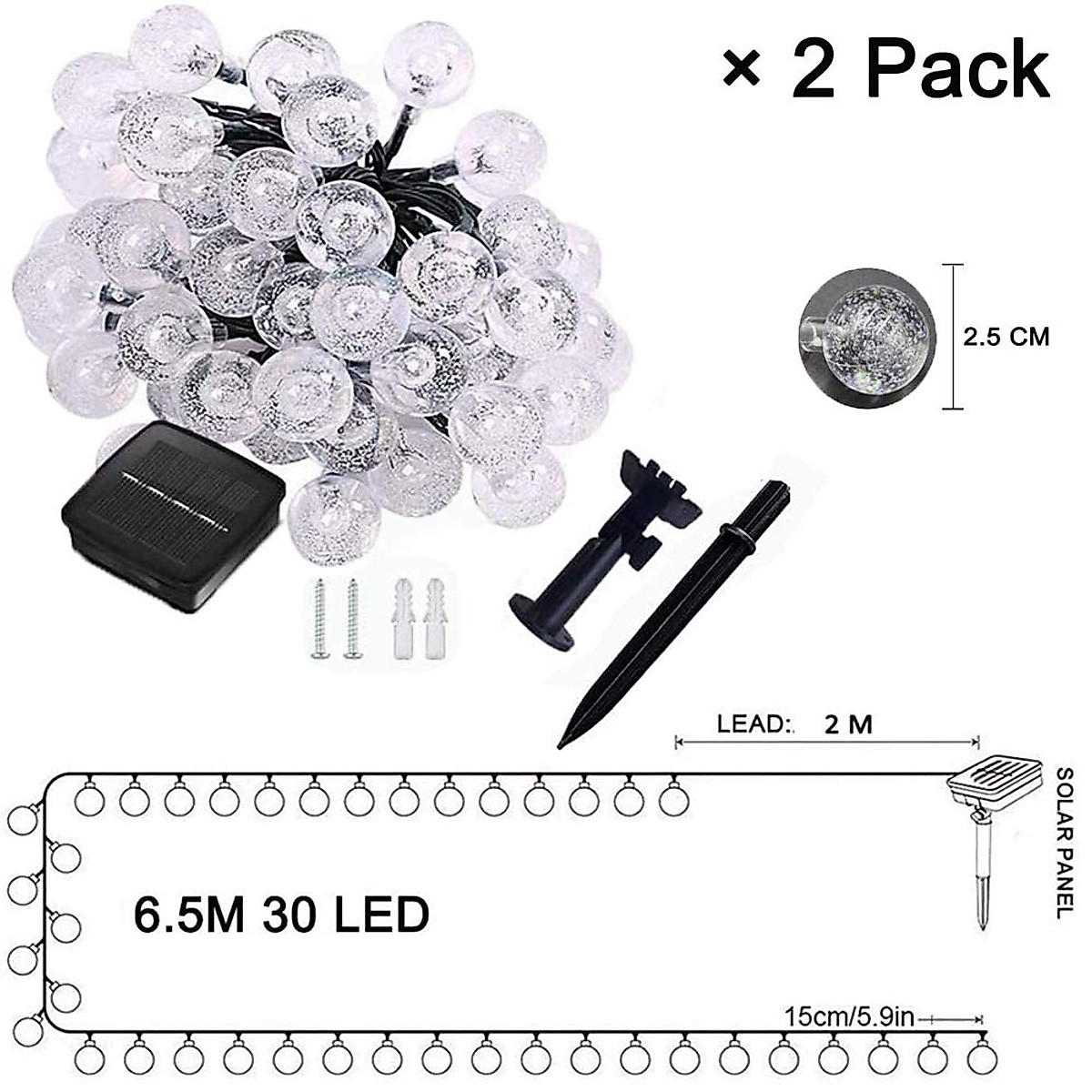 TuoPuLife Solar String Lights Outdoor, 2 Pack 21.3ft 30 LED Crystal Balls Waterproof Globe Solar Powered Fairy String Lights for Christmas Garden Yard Home Patio Wedding Party Holiday Decoration