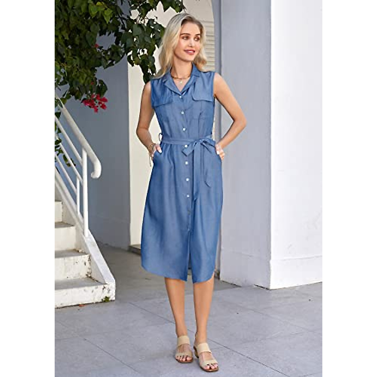 GRACE KARIN Womens Jean Dress Casual Denim Dresses Summer Sleeveless Button Down A line Shirt Dress with Belt Blue XL