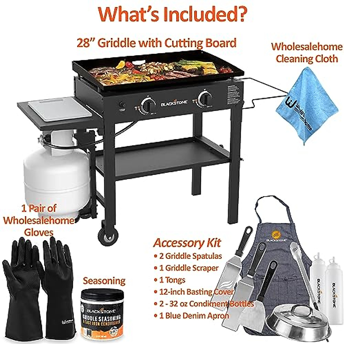 Blackstone 28" Flat Top Grill, Model 1853, 2 Burner Black Gas Griddle with Stand for Camping and Outdoor BBQ, Includes Blackstone Accessories Kit Cast Iron Seasoning and Wholesalehome Gloves and Cloth