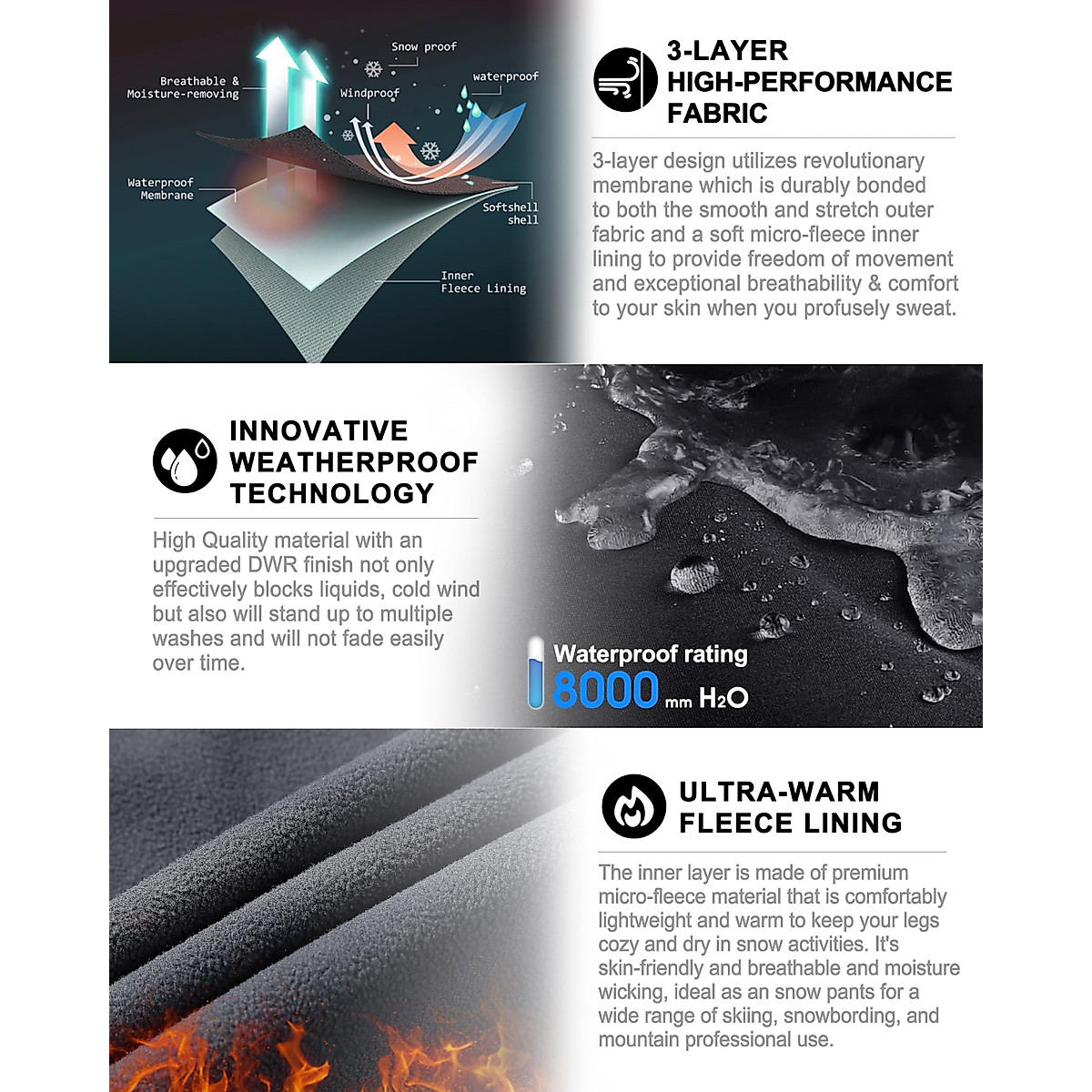 Outdoor Ventures Men's Lite Waterproof Windproof Fleece Lined Warm Hiking Ski Snow Pants Expandable-Waist