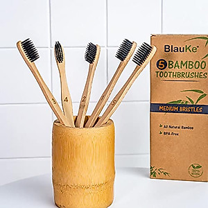 BlauKe Bamboo Toothbrushes Medium Bristles 5-Pack – Biodegradable, Sustainable, Natural, Eco Friendly – Black Charcoal Wooden Toothbrush Set