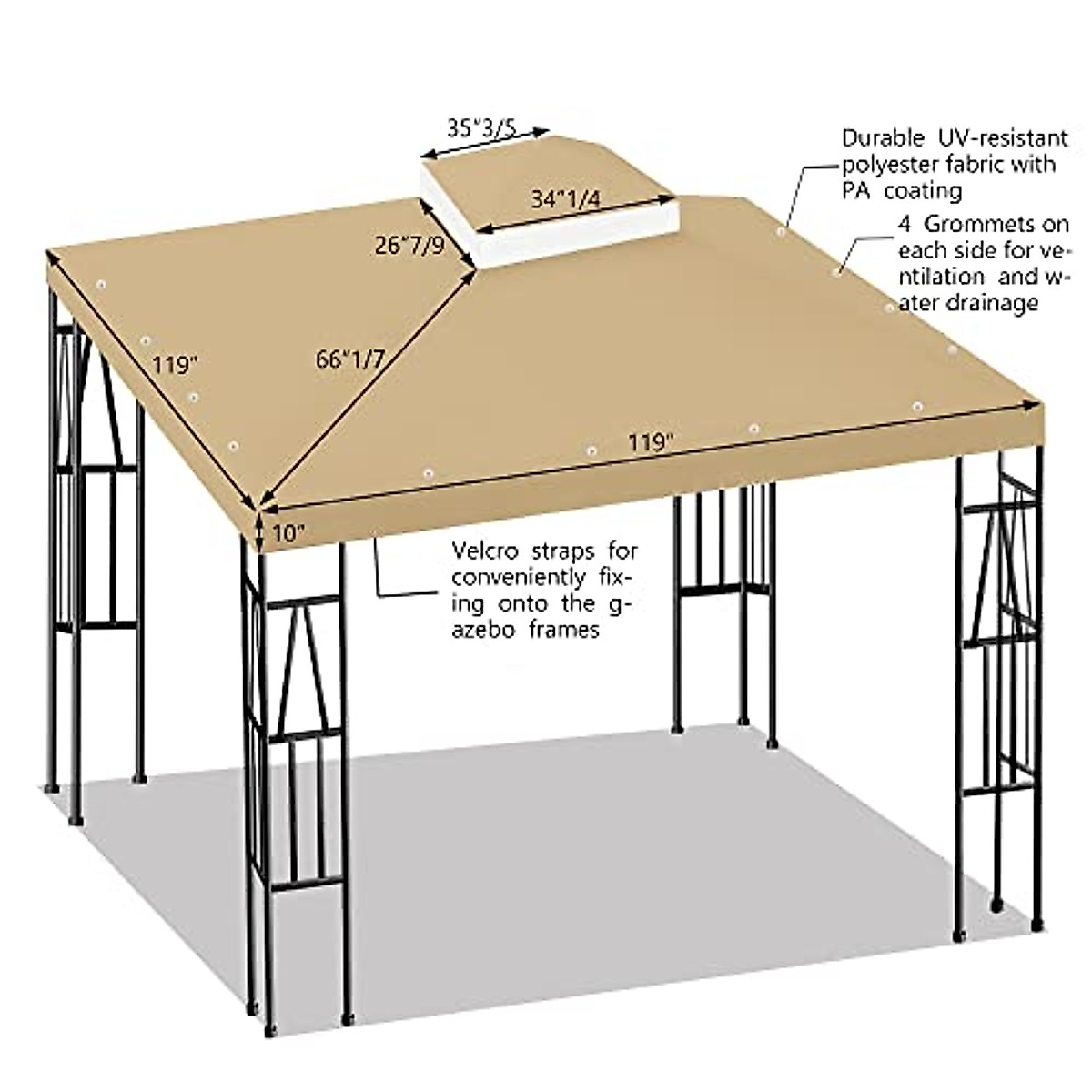 Rutile 10' X 10' Gazebo Canopy Replacement, 2 Tier Patio Cover Canopy Top- Dual Tier Gazebos Pavilion Cover-Khaki