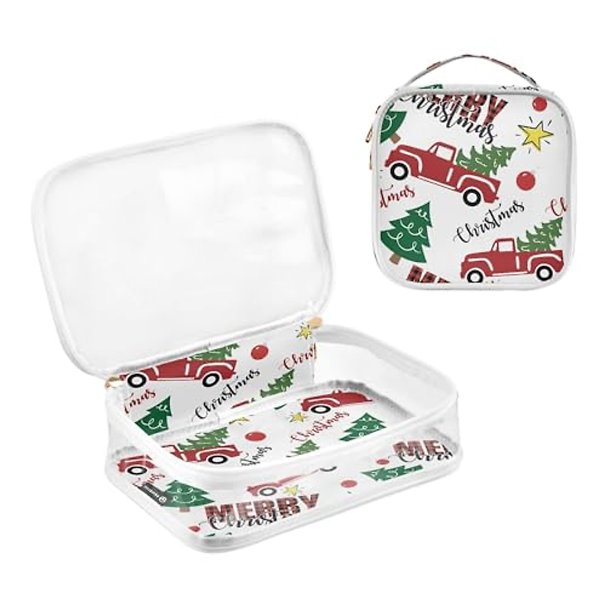 RunningBear Cartoon Christmas Truck Tree Clear Toiletry Bag 2 Pcs Cosmetic Bag Makeup Bag Travel Storage Pouch Set with Handle for Men Women Cosmetics Toiletries Travel Accessories