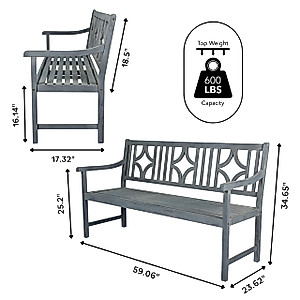 JONATHAN Y BNH100B Sloane 59.1" 3-Seat Ogee Diamond-Back 600-Lbs Support Acacia Wood Outdoor Garden Patio Bench for Garden, Lawn, Backyard, Pool, Deck, Beach, Firepit, Gray