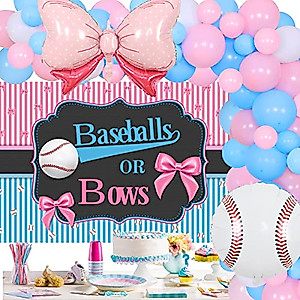 Gender Reveal Party Decorations Baseball Gender Reveal Party Decorations with Baseballs or Bows Backdrop Latex Balloons for Boys and Girls Baby Shower Pregnancy Gender Reveal