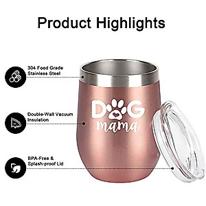 Dog Mom Gifts, Dog Mama Wine Tumbler with Lid, Dog Lover Gifts for Women, Dog Mom, Dog Owner, Friends, Funny Christmas Birthday Mothers Day Gifts, 12 Oz Insulated Stainless Steel Tumbler, Rose Gold