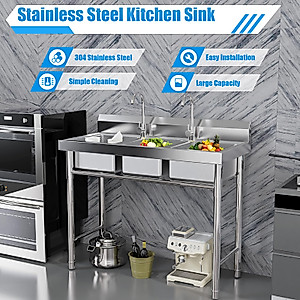 3 Compartment Sink Commercial Stainless Steel Utility Sink w/3*Drains, Outdoor Sink 3 Bay Sink Restaurant Sink, 39 * 17.7 * 37.4in